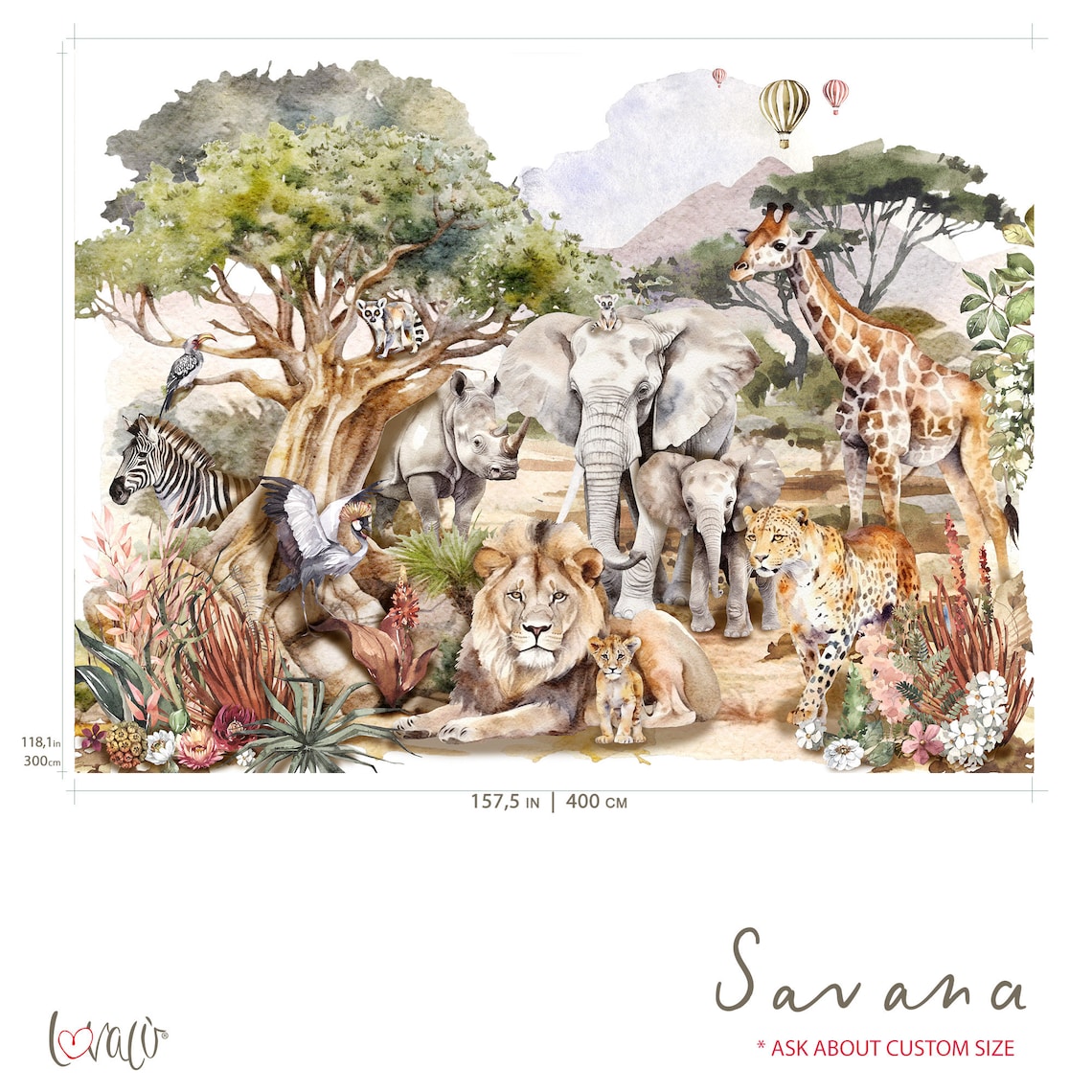 SAVANNA Wall Mural, Safari Kids Room Decal, Animals Watercolour Peel ...