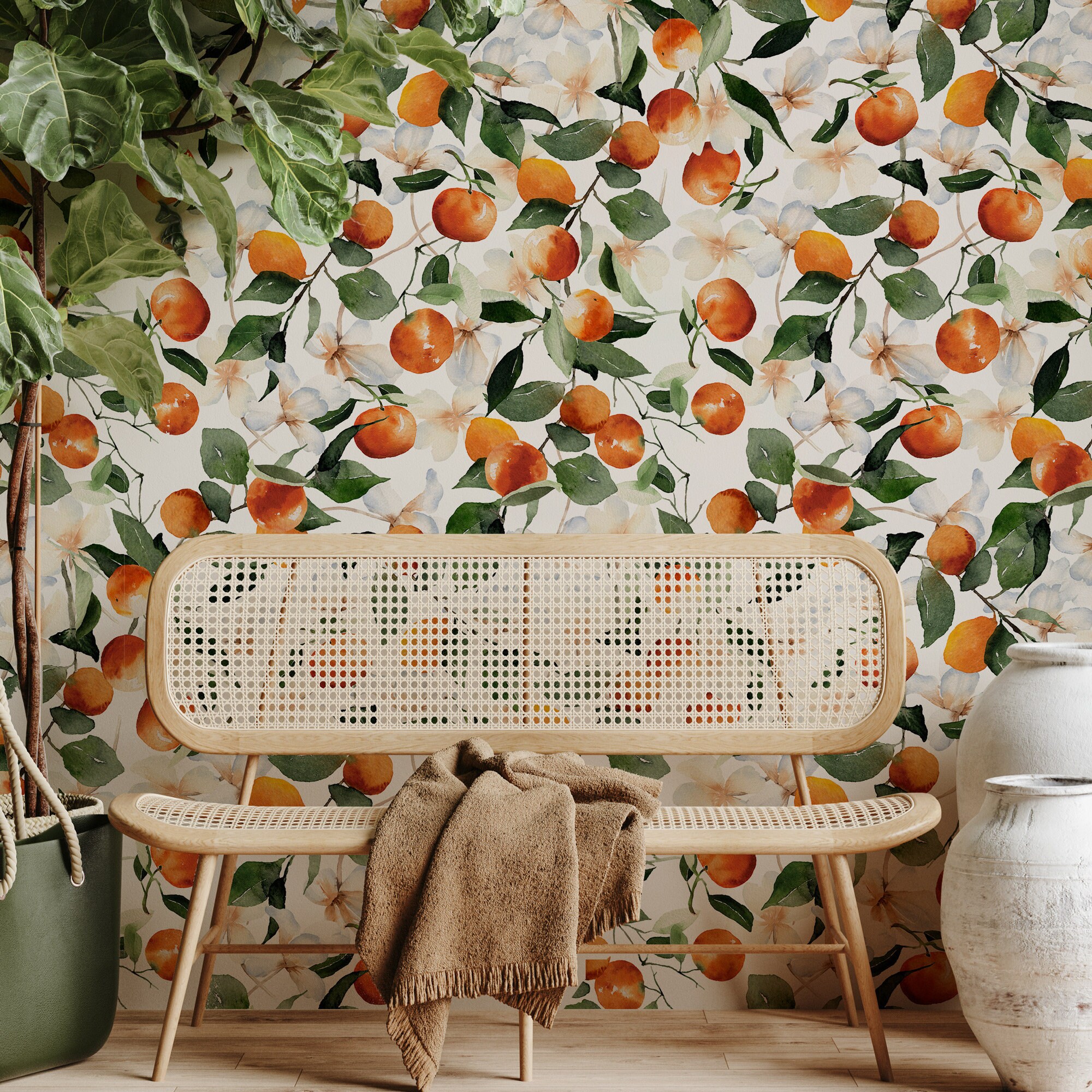 Sicily Orange Floral Wallpaper: Peel and Stick, Watercolor Design - Etsy