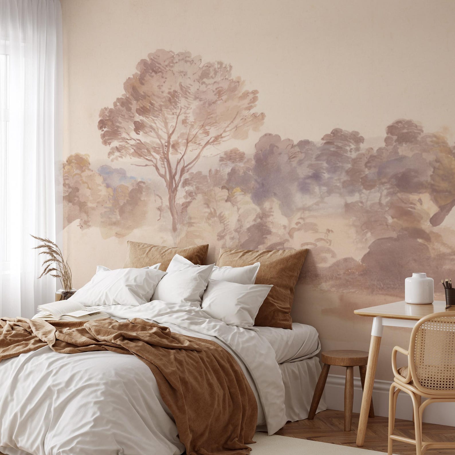Dream Vintage Landscape Neutral Colors Wallpaper, Watercolor Scenic ...