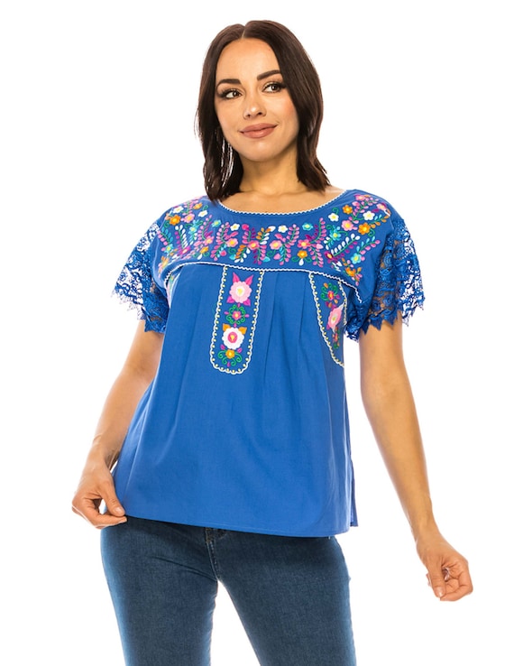 Unik Women Traditional Puebla Mexican Laced Embroidered Blouse - Etsy