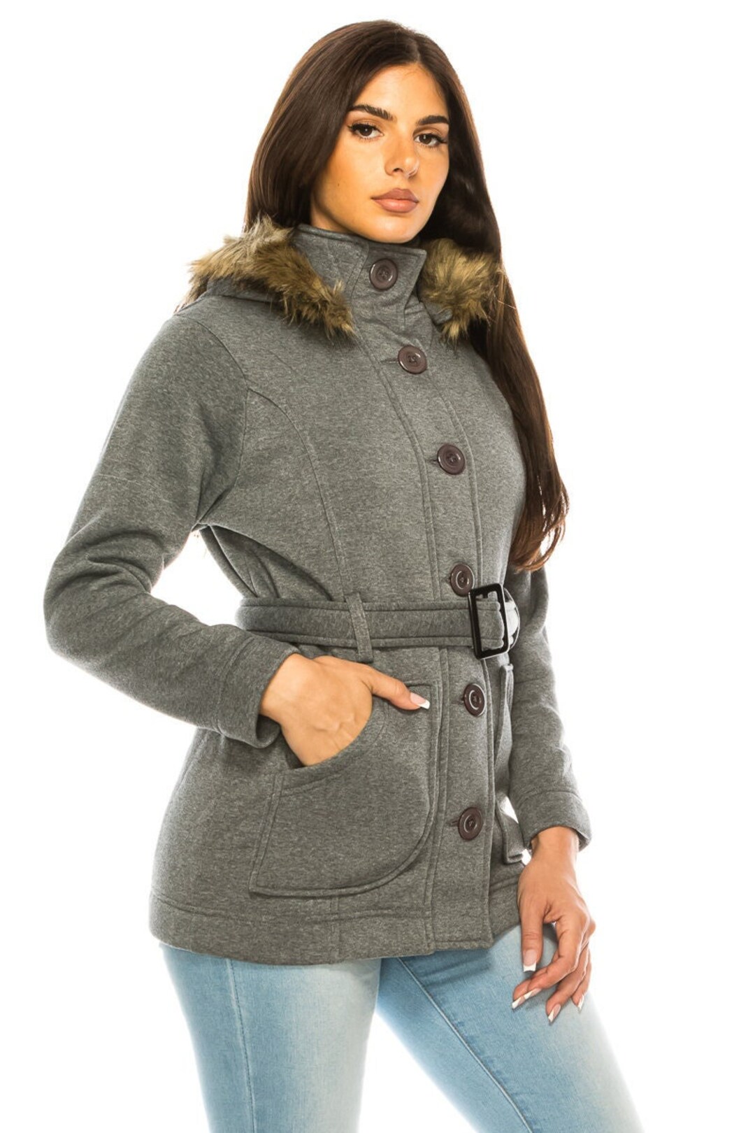 Unik Women Fleece Coat With Fur Hood and Detachable Belt - Etsy