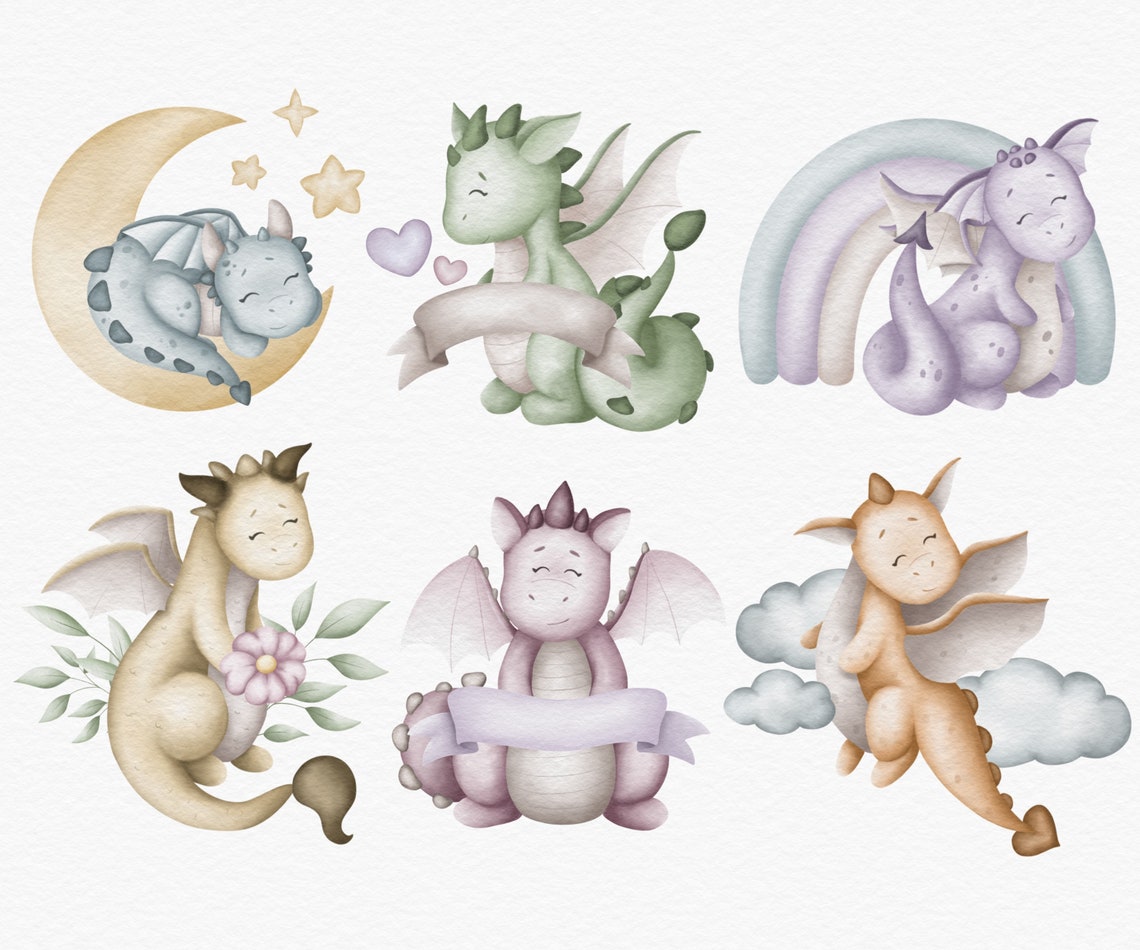 Dragons Watercolor Clipart, Cute Dragon PNG, Nursery Wall Art, Boys ...
