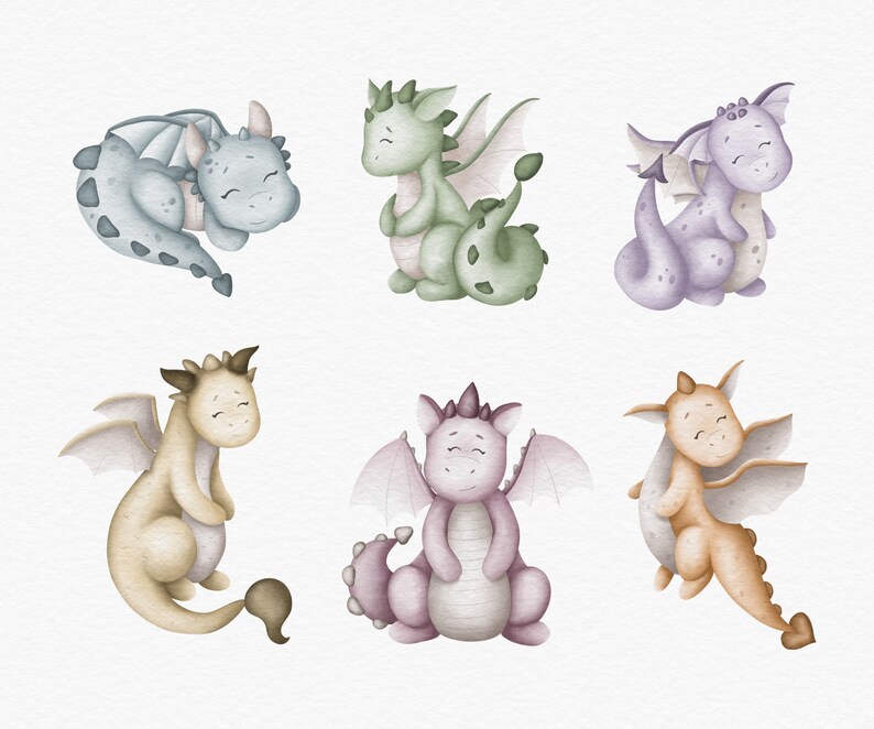 Dragons Watercolor Clipart, Cute Dragon PNG, Nursery Wall Art, Boys ...