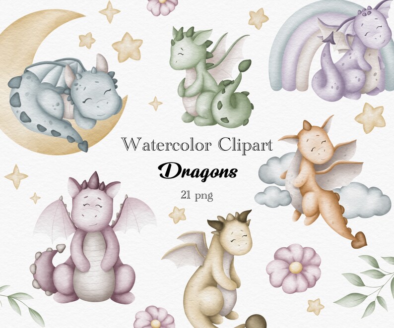 Dragons Watercolor Clipart, Cute Dragon PNG, Nursery Wall Art, Boys ...