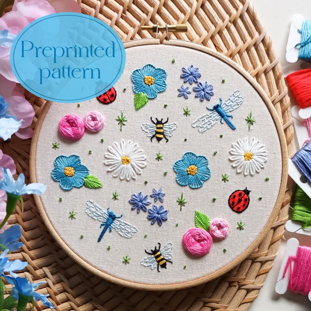 Preprinted Embroidery Pattern for Beginners - Bugs and Blossoms - Etsy