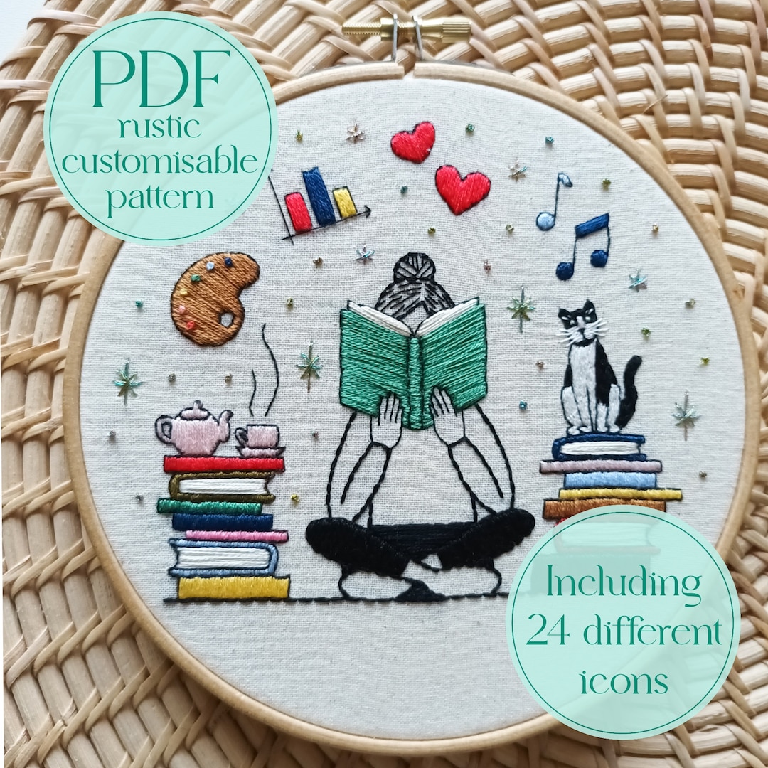 PDF Embroidery Customisable Rustic Template Reading Girl - Etsy
