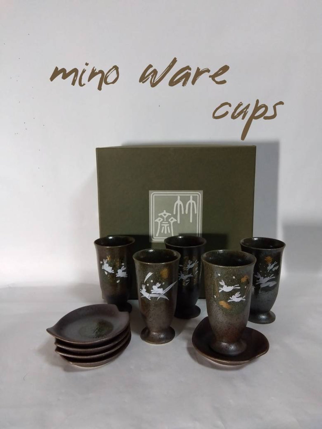 Set of Five Mino Ware mino Ware Cup and Saucer / Rabbit and Sakura - Etsy
