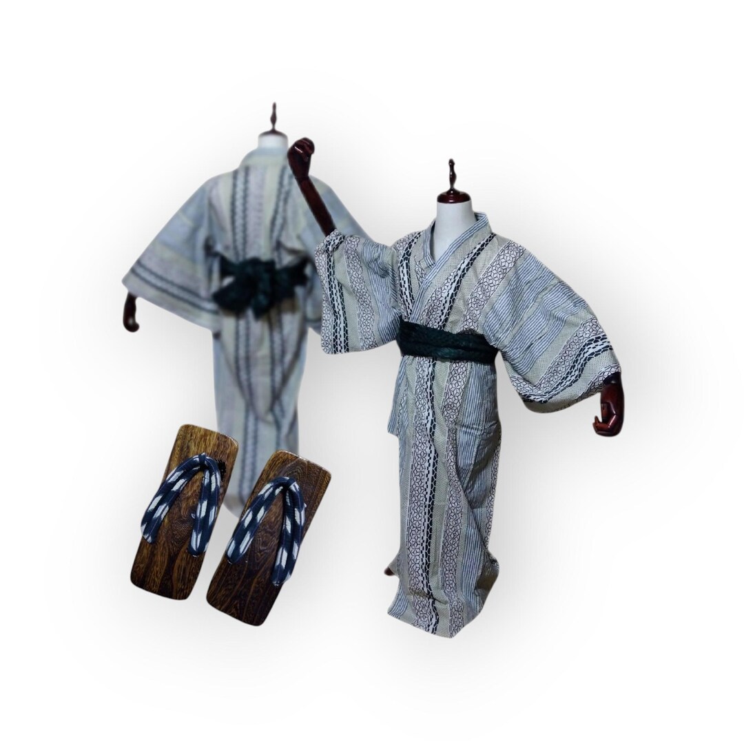 Set of Yukata Kimono, Obi Belt, and Sandals for Men / Japanese L-size ...