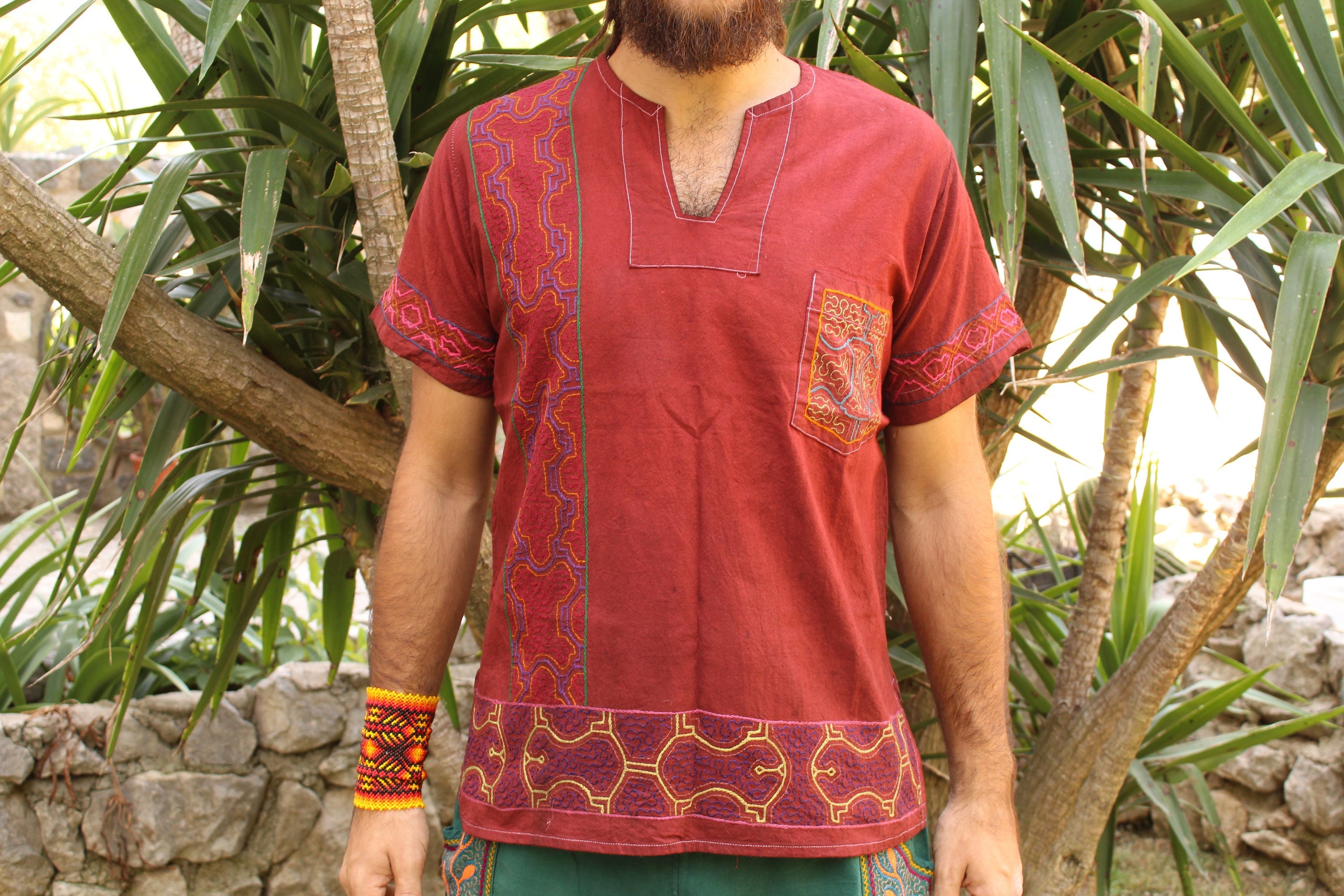 Large Shipibo Jungle Vines Ceremonial Embroidered Shirt w Andean Llama ...