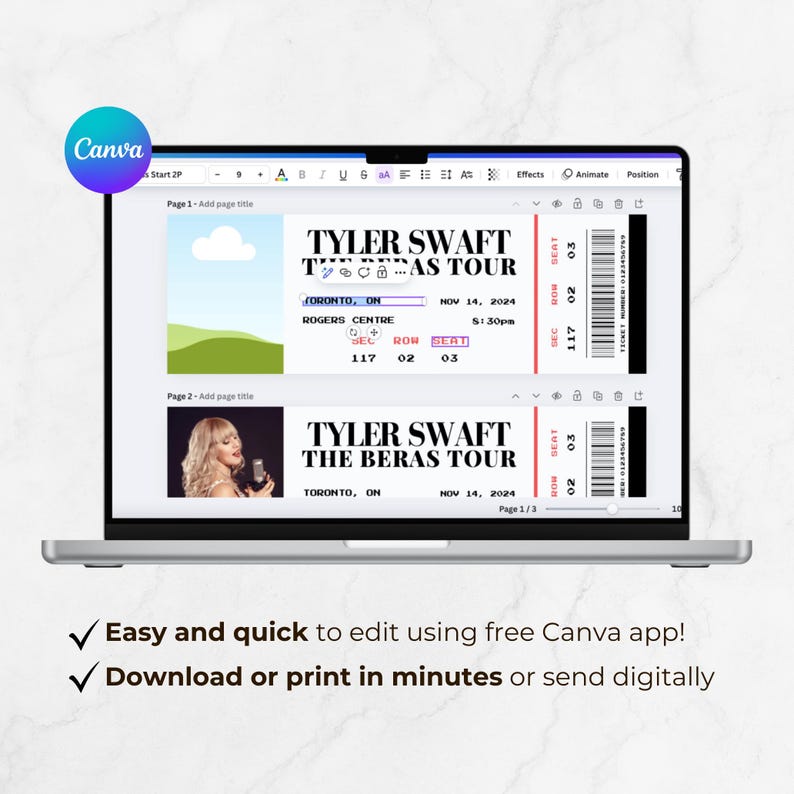 Editable Concert Ticket Template Stub for Custom Birthday Gifts and ...