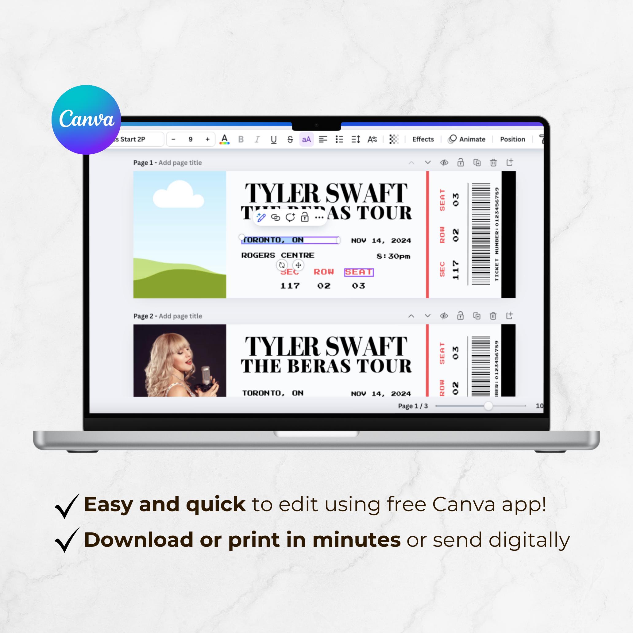 Editable Concert Ticket Template Stub for Custom Birthday Gifts and ...