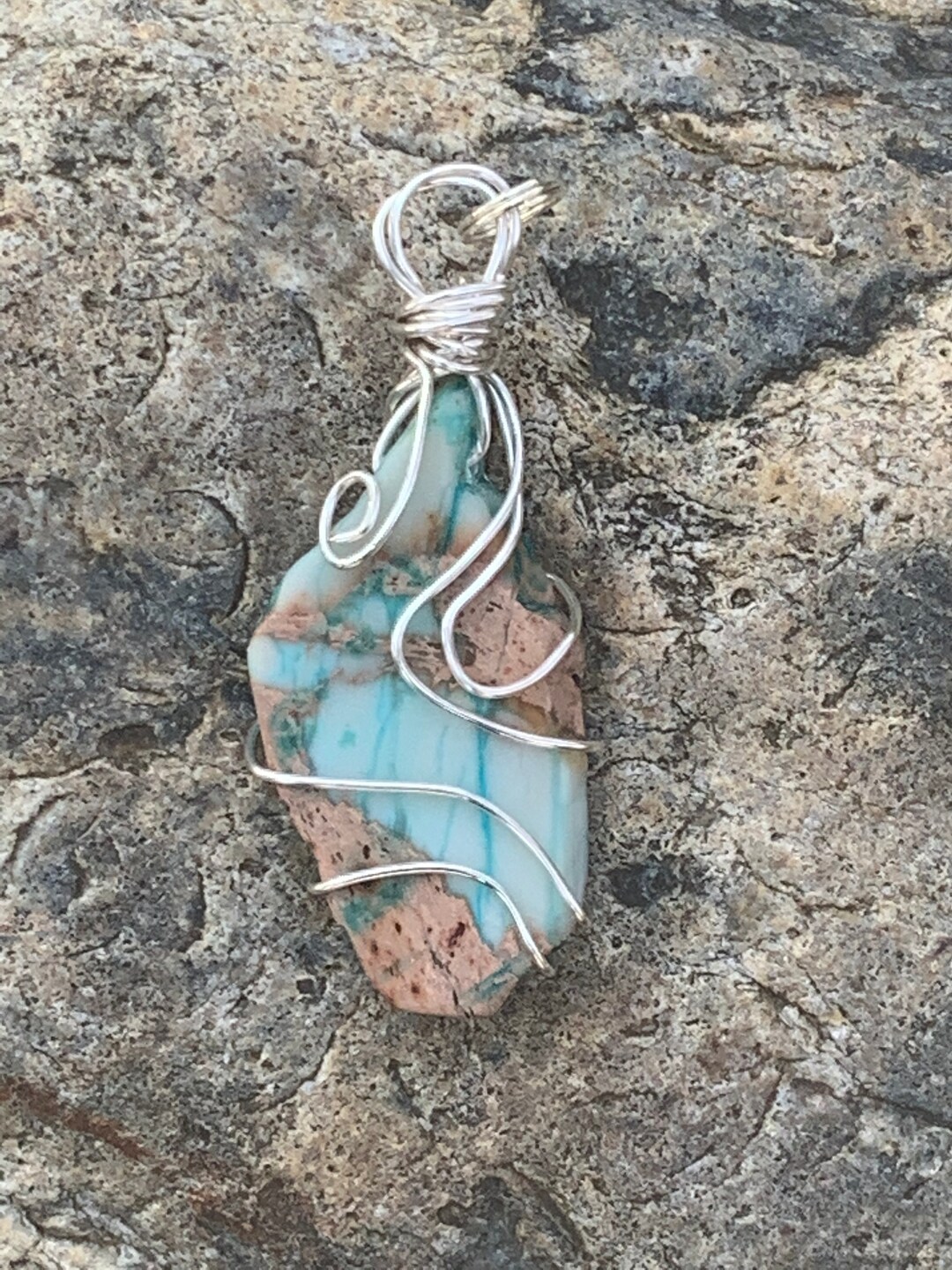 Turquoise and Silver Wire Wrapped Pendant - Etsy