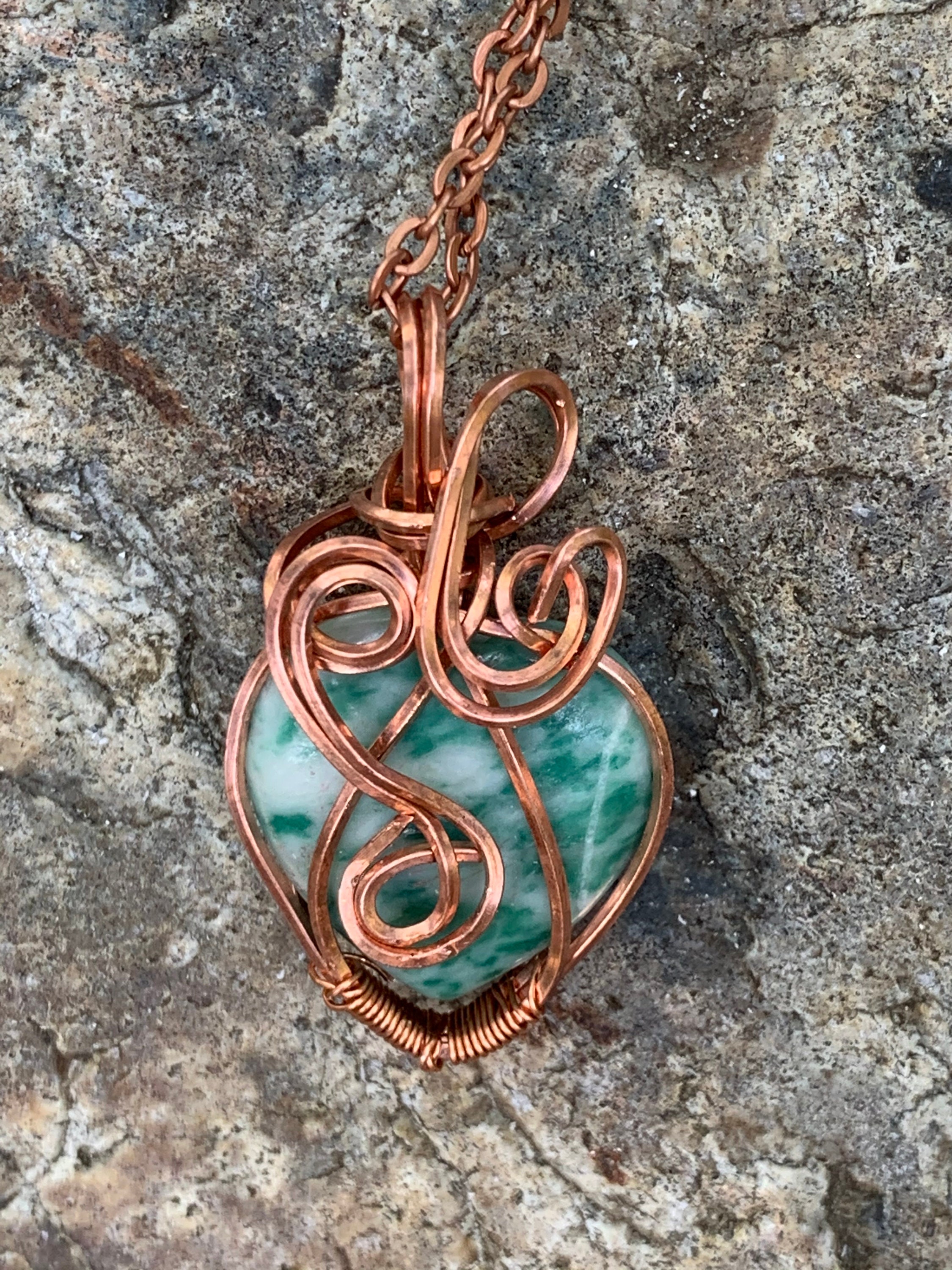 Lovely Green and Turquoise Heart Shaped Stone With Copper Wire Wrapping ...
