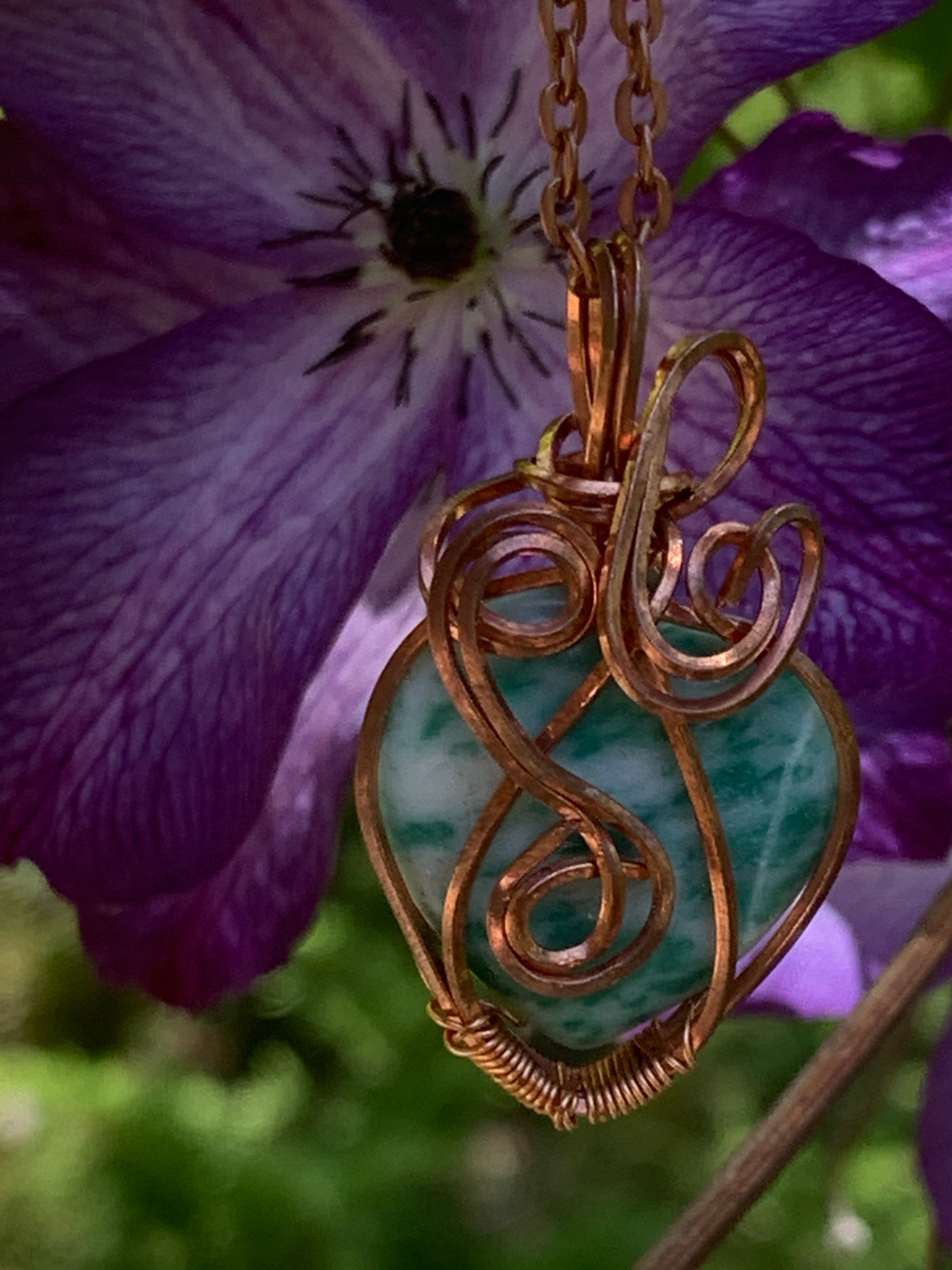 Lovely Green and Turquoise Heart Shaped Stone With Copper Wire Wrapping ...