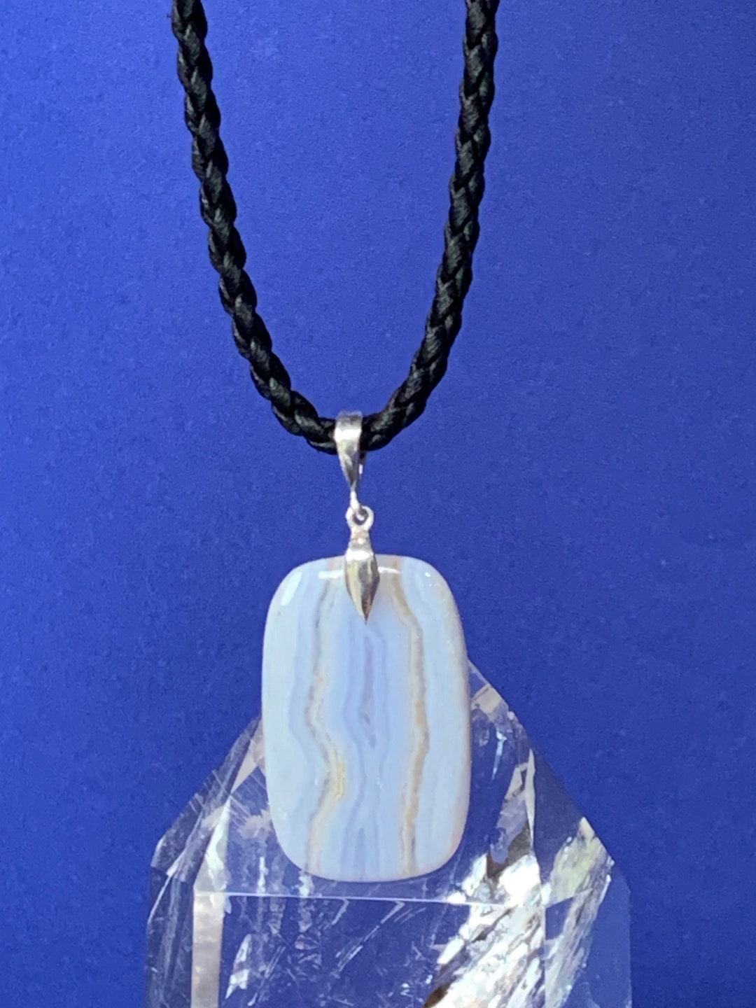 Blue Lace Agate Necklace on Black Cord Sterling Silver Closing, Light ...