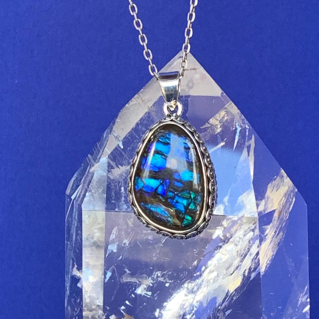 Blue and Green Ammolite Pendant Set With Sterling Silver Canadien ...