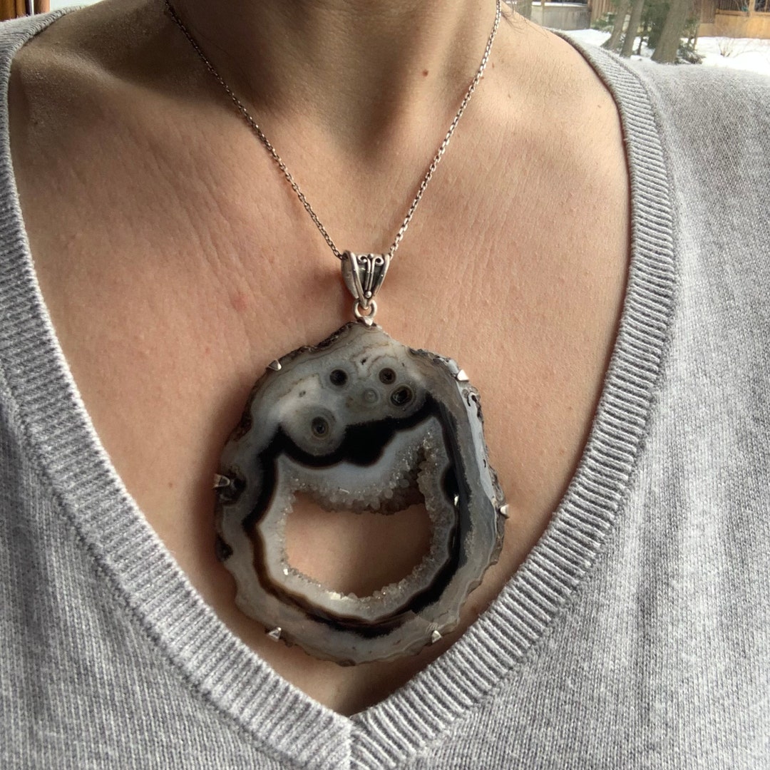 Very Large Agate Geode Pendant Set With Sterling Silver - Etsy