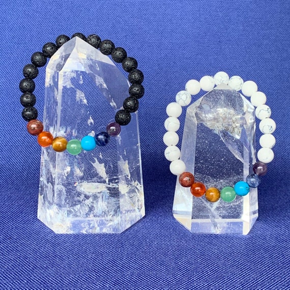 Child 7 Chakras Rainbow Elastic Bracelet Black or White Stone - Etsy