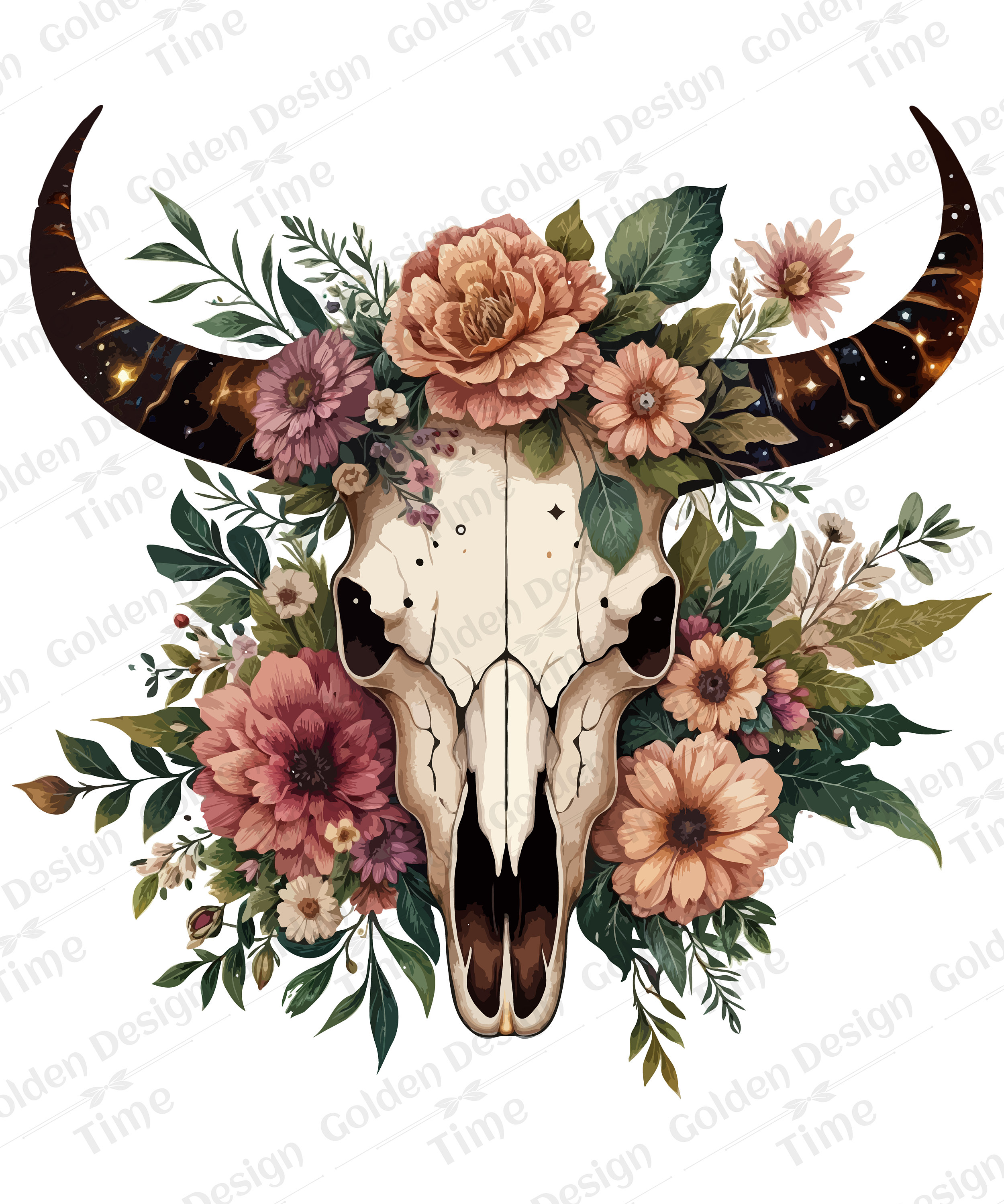 Boho Floral Bull Skull PNG, Boho Cow Skull, Floral Cow Skull Western ...