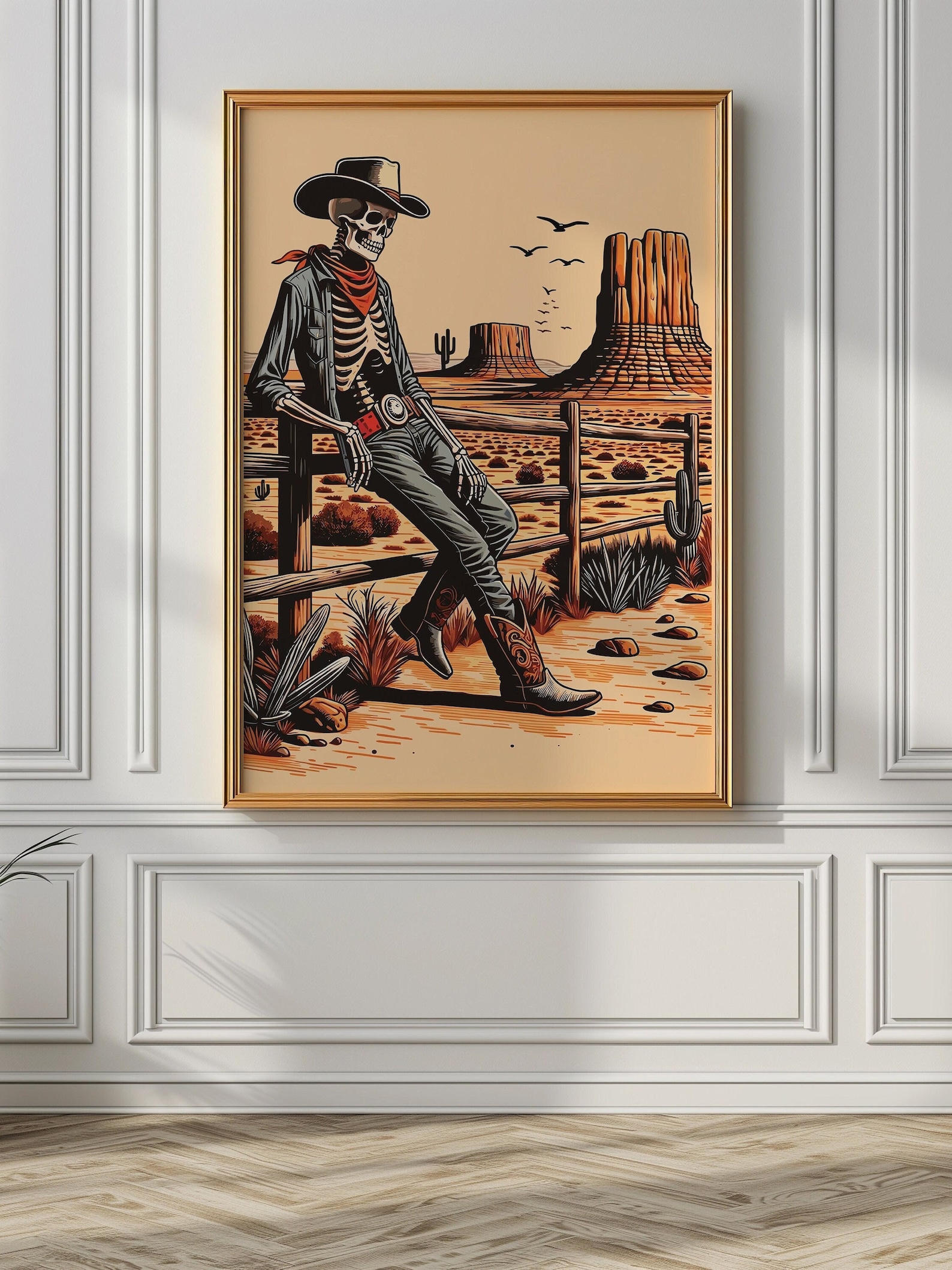 Retro Skeleton Cowboy Art, Western Wall Art, Western Skull Cowboy Hat ...
