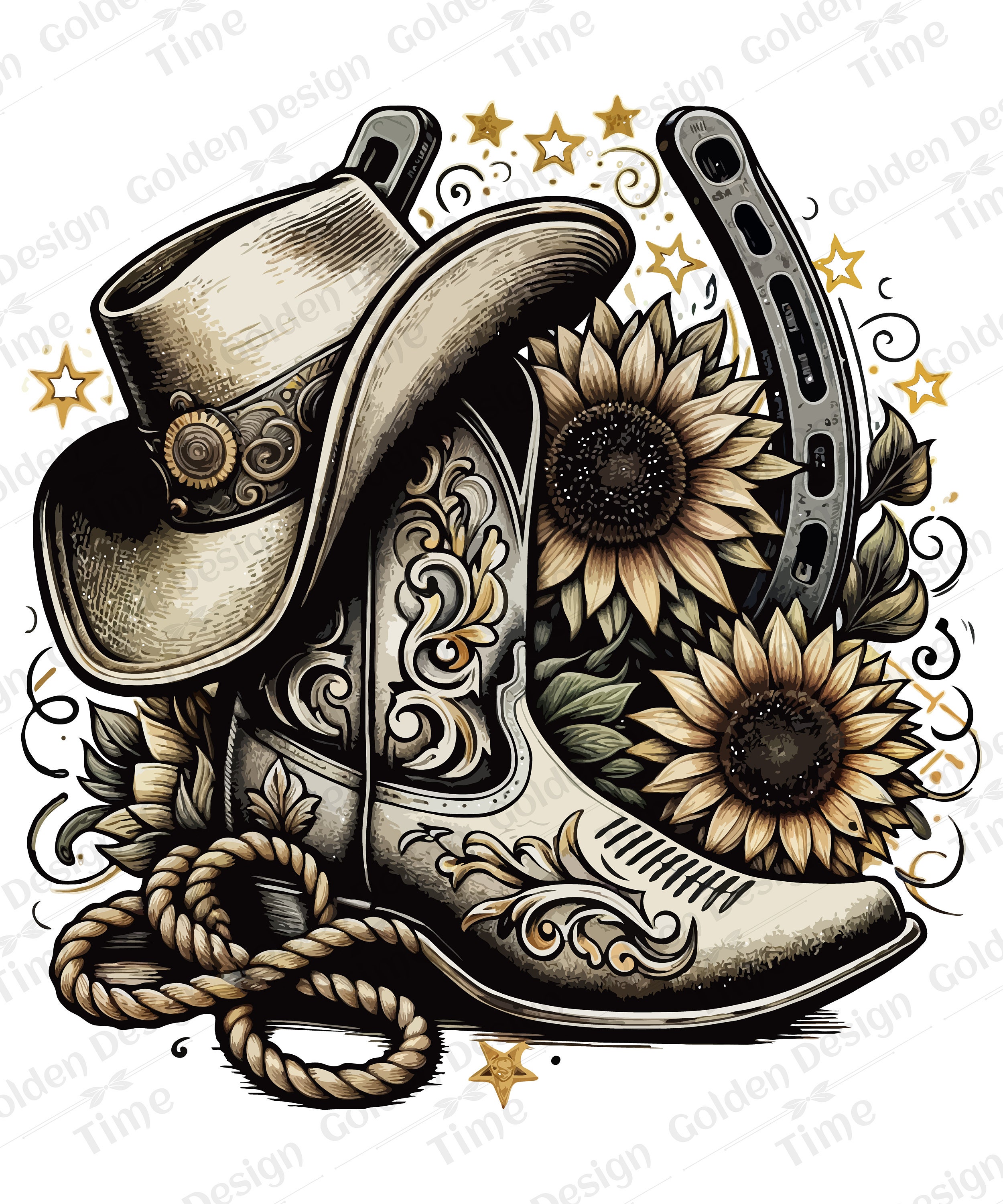 Retro Cowboy Boot and Hat PNG, Horseshoe Sunflower Rope Clipart ...