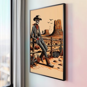 Retro Skeleton Cowboy Art, Western Wall Art, Western Skull Cowboy Hat ...