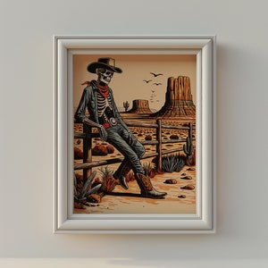 Retro Skeleton Cowboy Art, Western Wall Art, Western Skull Cowboy Hat ...