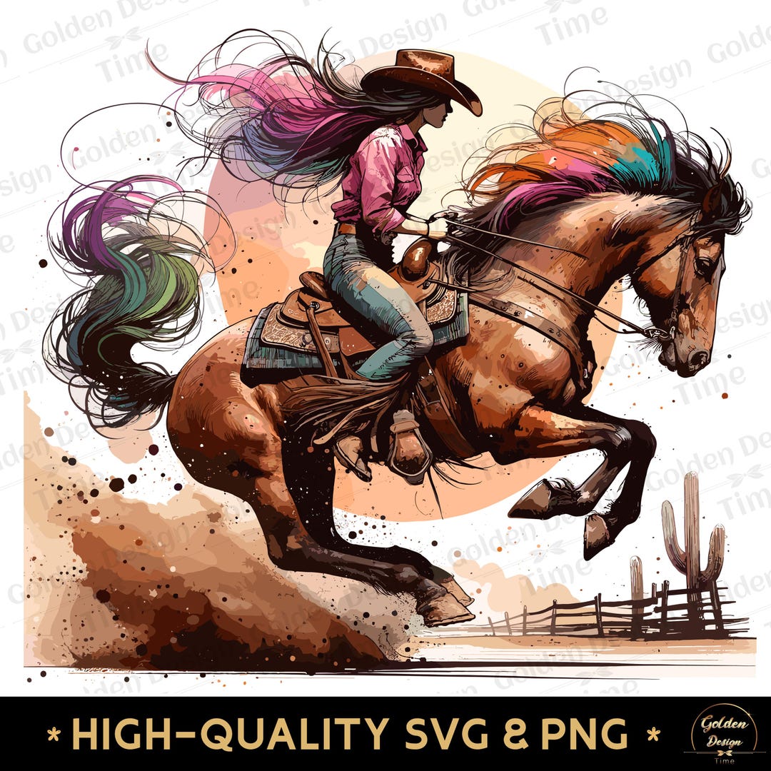 Cowgirl Rodeo Horse Western Png Svg, Retro Cowgirl Bronco Bucking Rodeo ...
