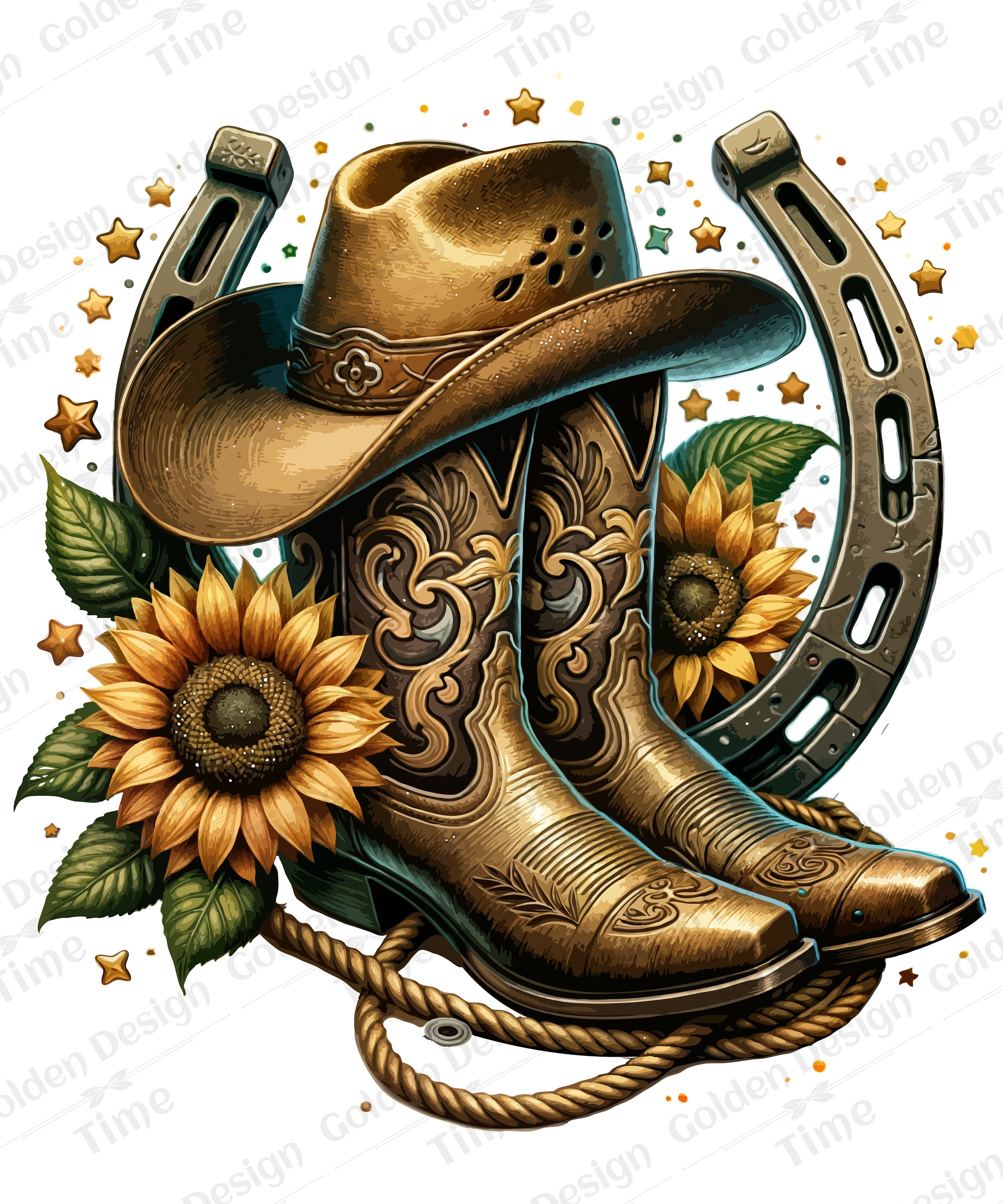 Cowboy Boot Hat Sunflowers PNG, Horseshoe Sunflower Rope Clipart ...