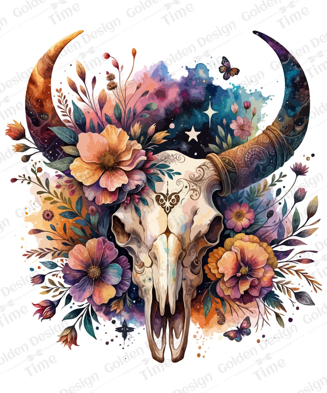 Boho Floral Bull Skull PNG, Watercolor Boho Cow Skull, Floral Cow Skull ...