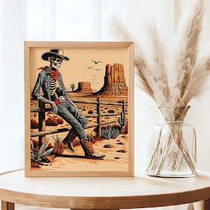 Retro Skeleton Cowboy Art, Western Wall Art, Western Skull Cowboy Hat ...