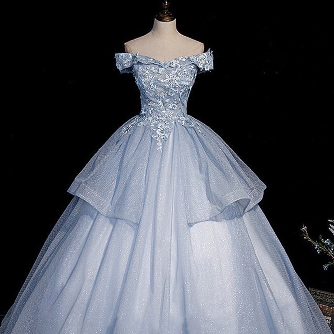 Elegant Bule Tulle Prom Dress,off Shoulder Blue Floral Gown,fairy Prom ...