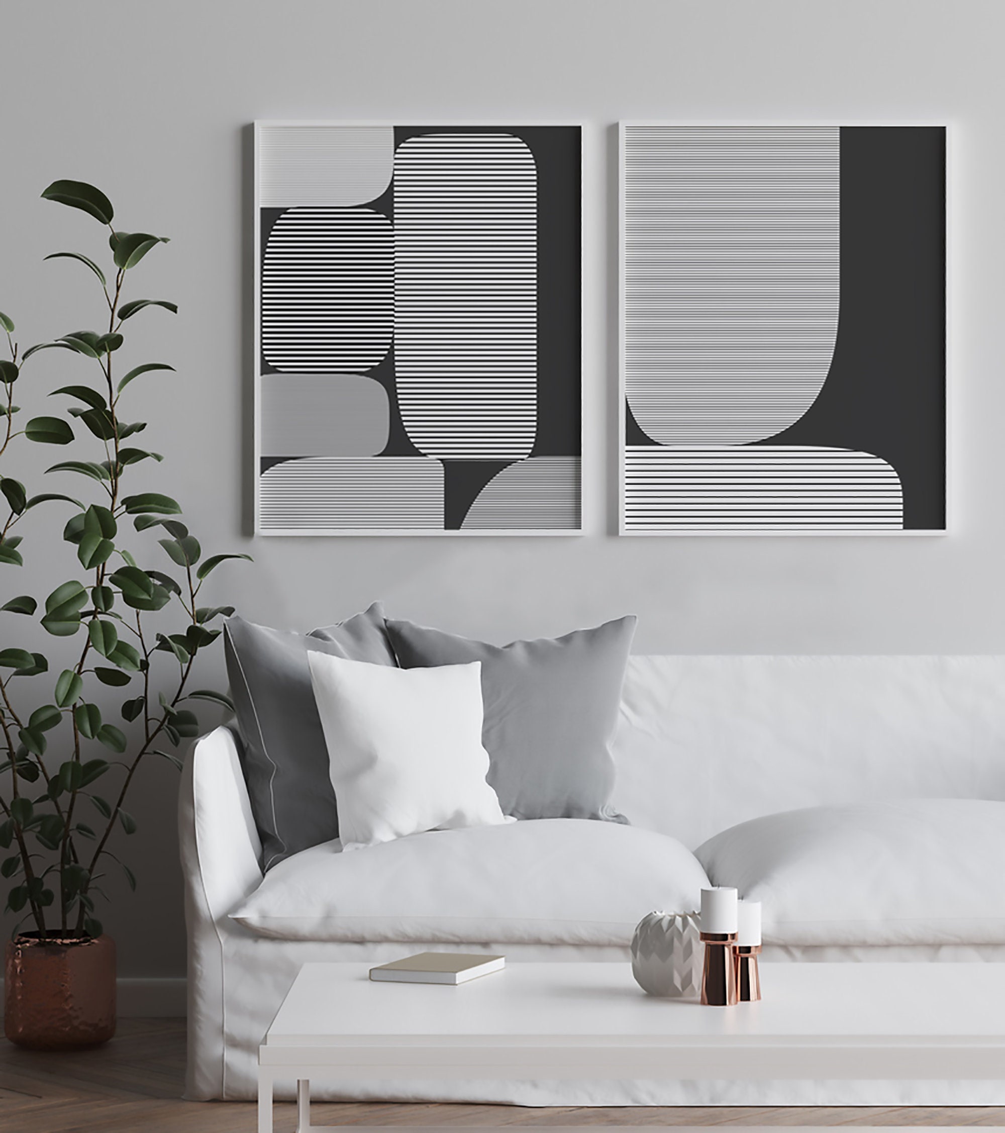 Set of 2 Geometric Circle Line Wall Art, Printable Wall Art, Minimalist ...