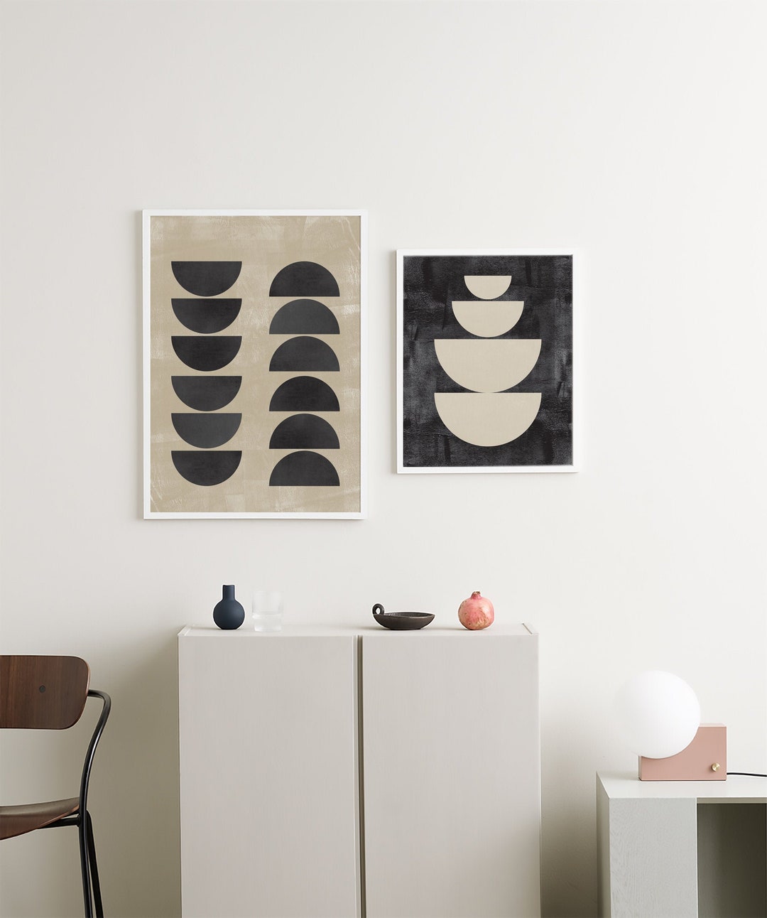 Set of 2 Geometric Half Circle Black and Beige Wall Art, Minimalist Art ...