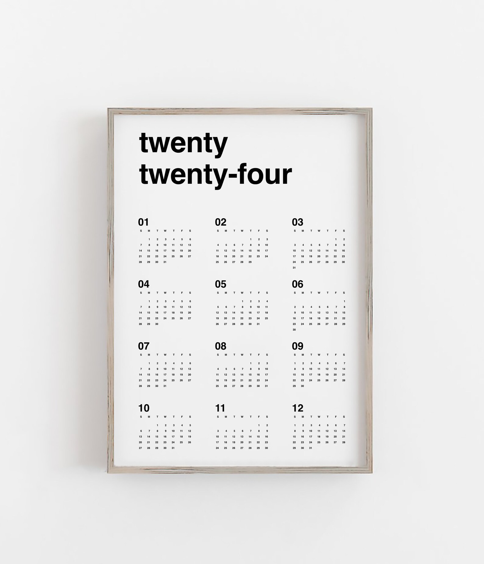 2024 12 Month Printable Yearly Calendar, Minimalist Printable Calendar ...