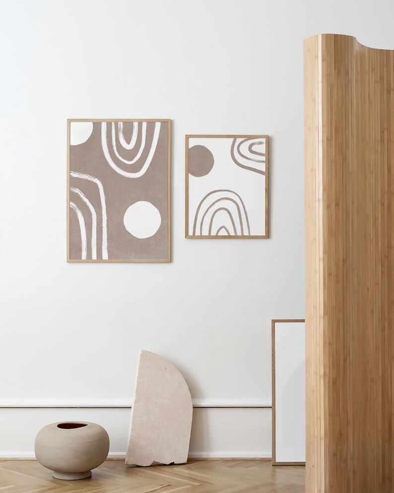 Set of 2 Boho White Brown Circle Line Art Modern Minimal - Etsy
