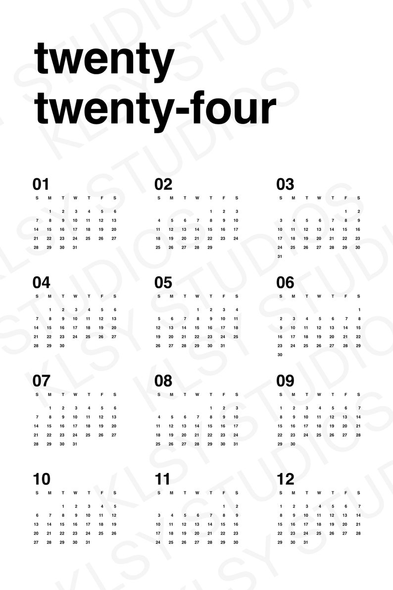 2024 12 Month Printable Yearly Calendar, Minimalist Printable Calendar ...