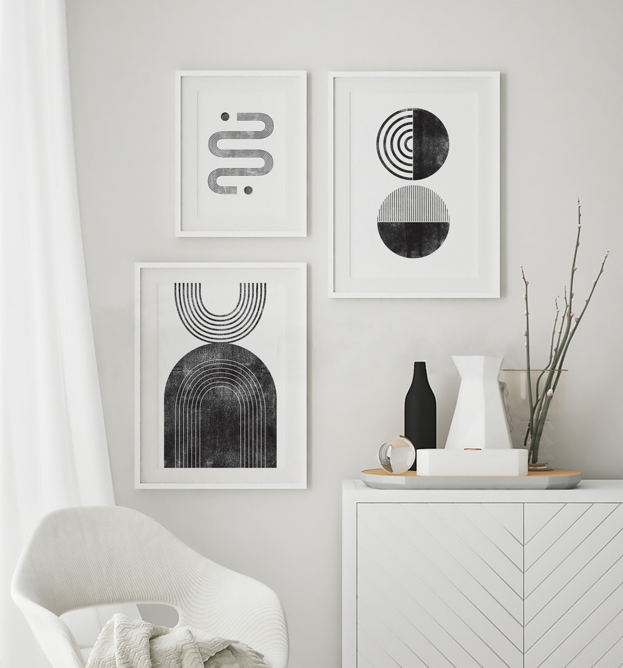 Set of 3 Black and White Geometric Wall Art, Mid-century Modern Art ...