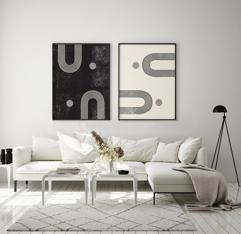 Set of 2 Geometric Arch Black and Beige Print, Minimalist Art, Mid ...