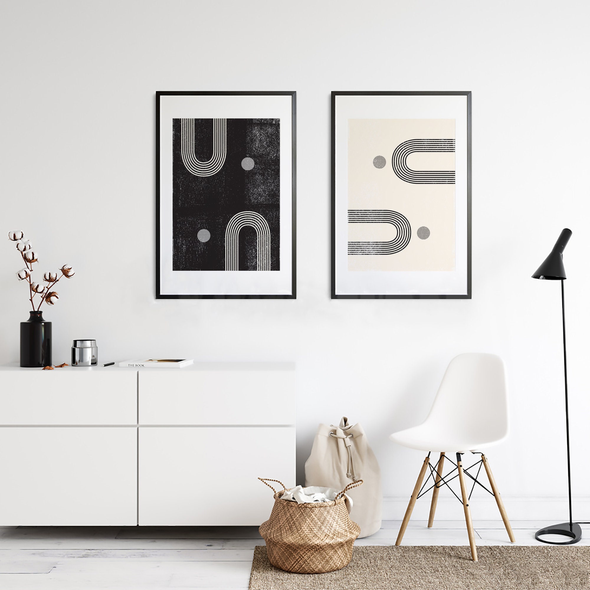 Set of 2 Geometric Arch Black and Beige Print, Minimalist Art, Mid ...