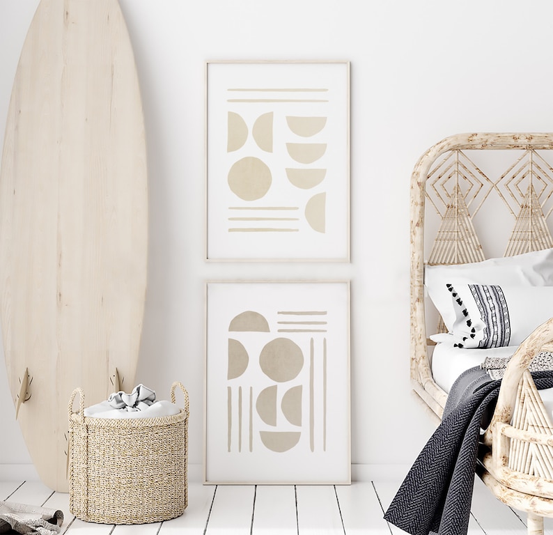 Set of 2 Boho White Brown Circle Line Art, Modern Minimal Abstract ...