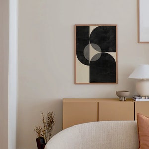 Geometric Black and Beige Abstract Shape Artwork, Mid-century Modern ...