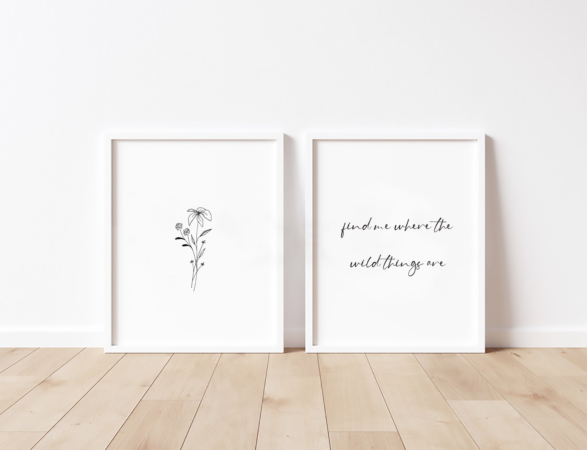 Set of 2 Black and White Botanical Wild Things Quote Wall Art, Modern ...