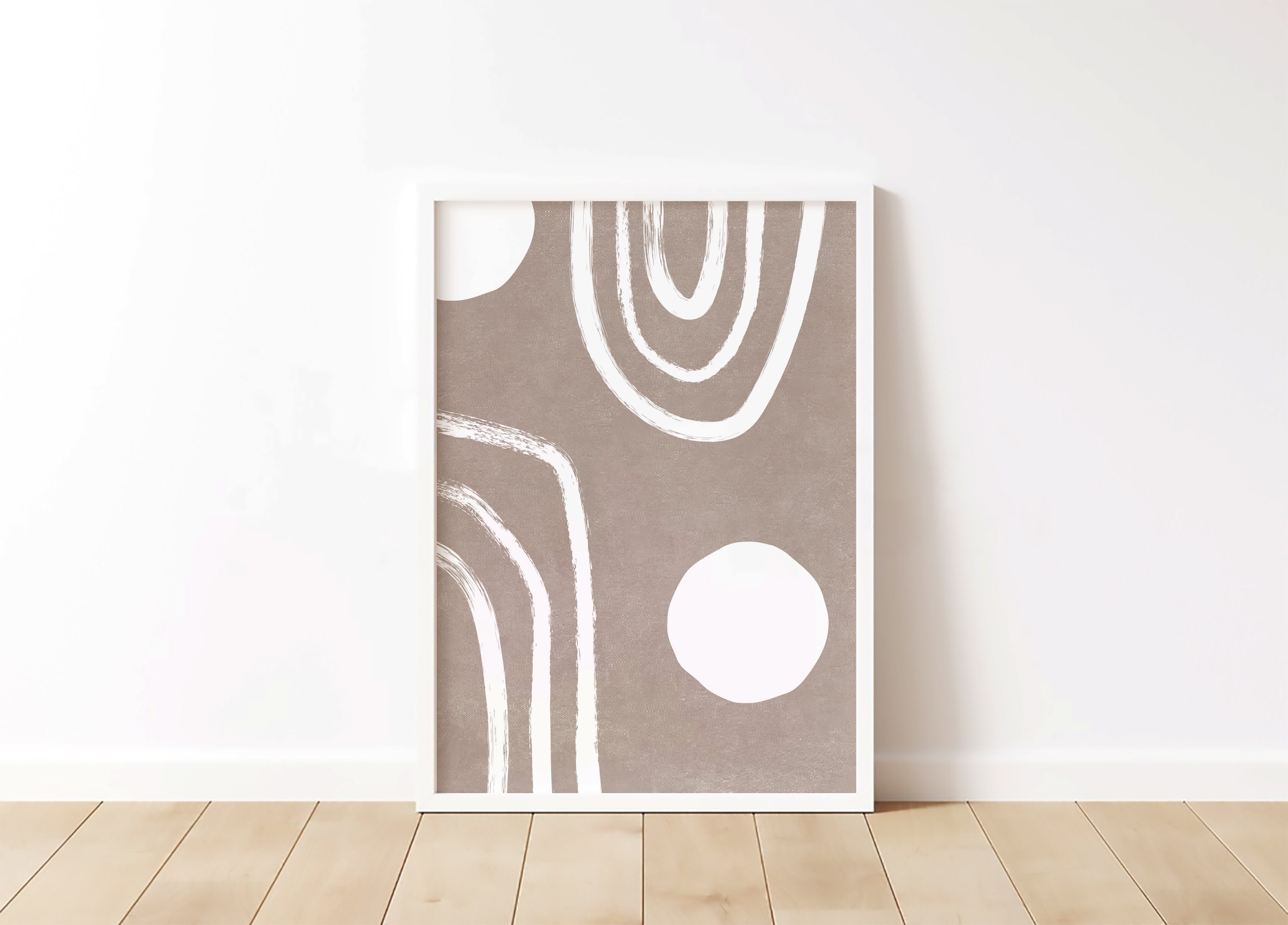 Boho White Brown Circle Line Art, Modern Minimal Abstract Painting ...