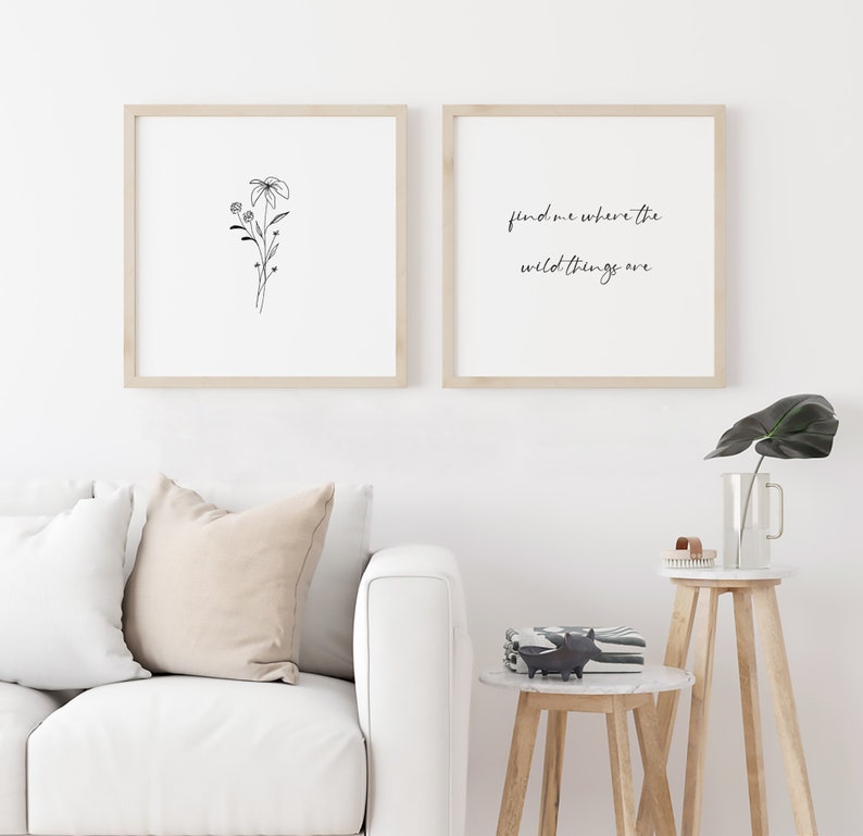 Set of 2 Black and White Botanical Wild Things Quote Wall Art, Modern ...