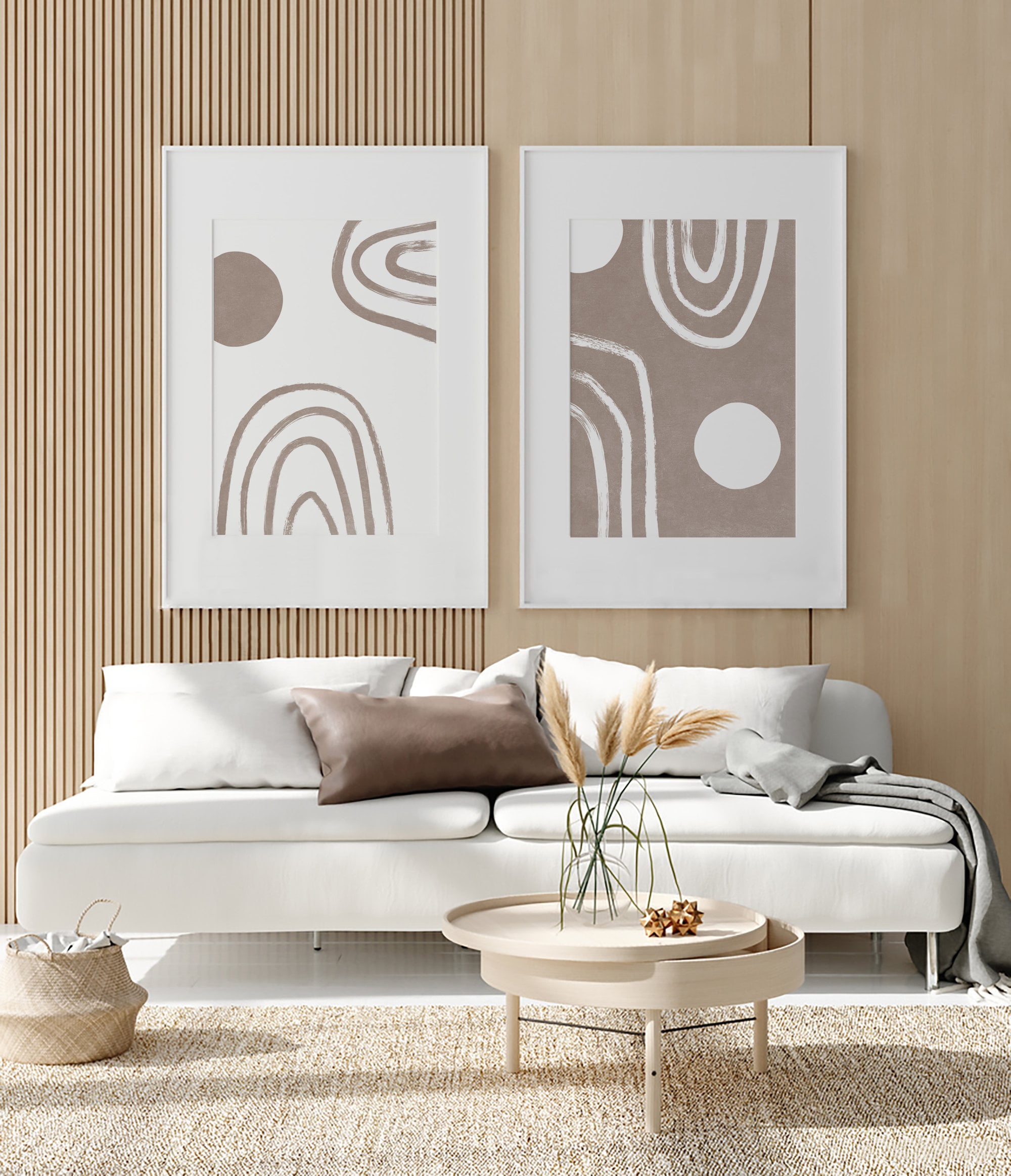 Set of 2 Boho White Brown Circle Line Art Modern Minimal - Etsy
