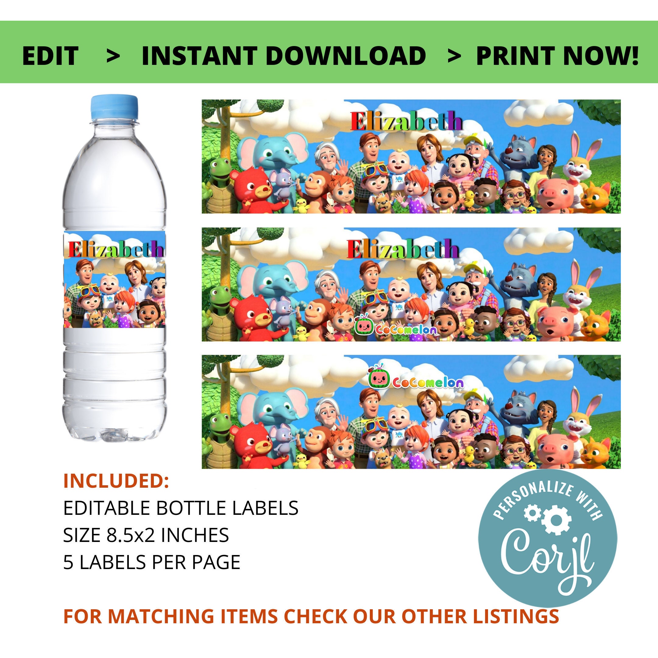 Cocomelon water bottle labels digital labels printable | Etsy