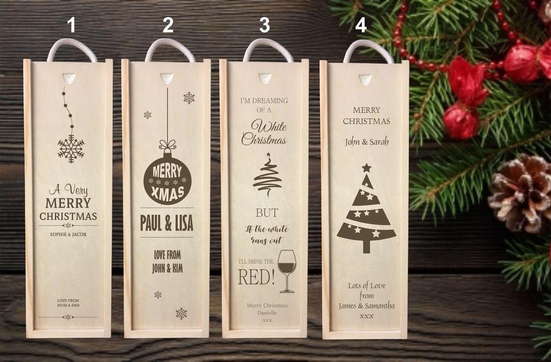 Personalised Wooden Wine Bottle Box With Christmas Design, Complete ...