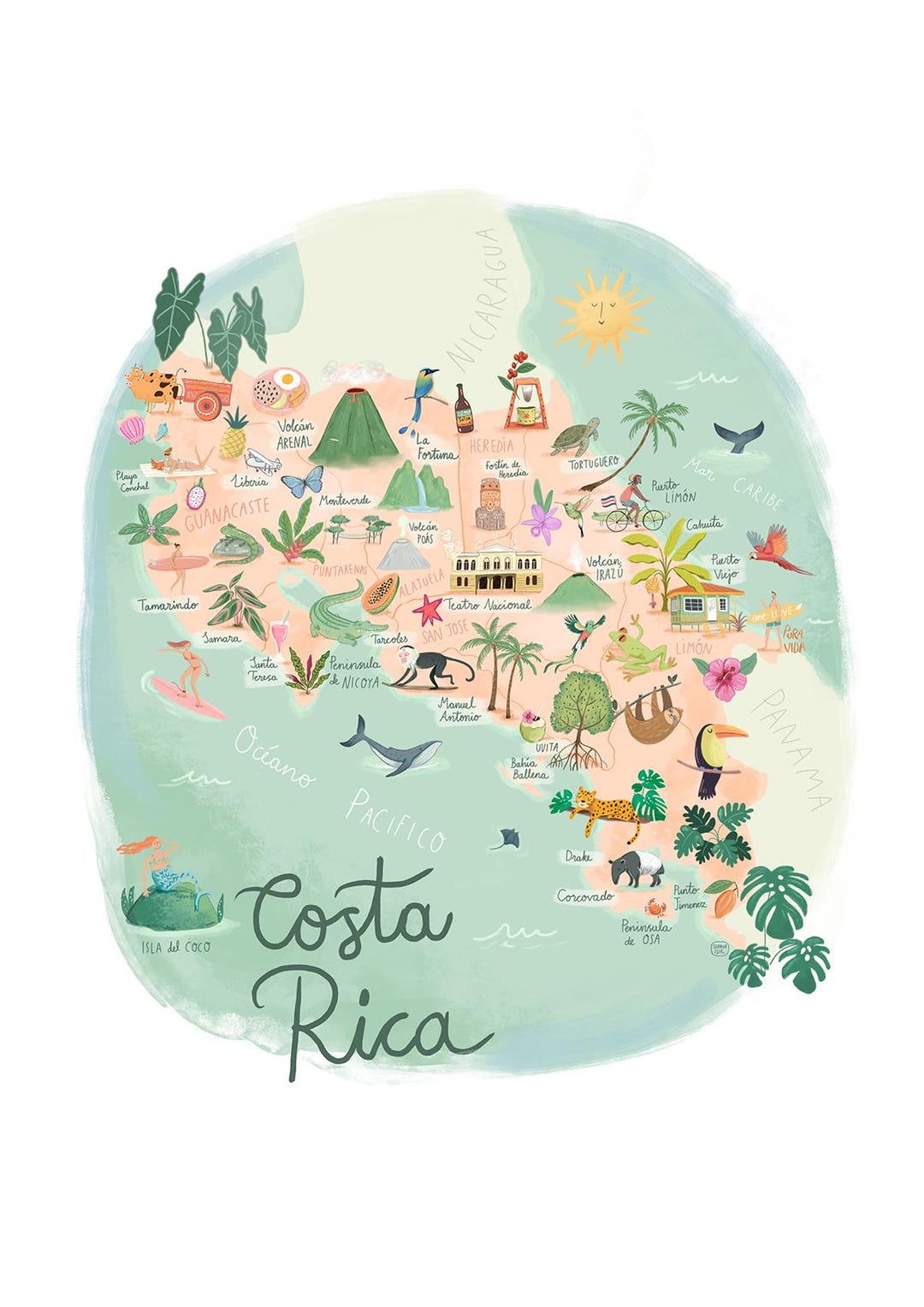 Costa Rica Map Art Print: Illustrated Travel Poster (digital Download ...