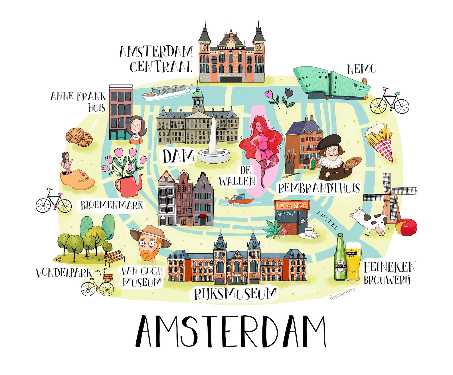 Amsterdam Illustrated Map - Etsy